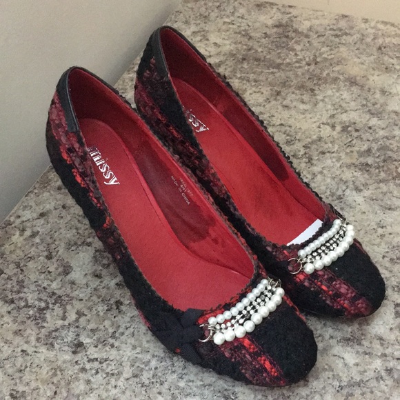 missy | Shoes | Tweed Red And Black Heels | Poshmark